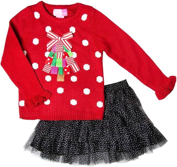 Red Dot Christmas Tree Sweater and Black Sparkle Skirt Set | 2T 3T ...